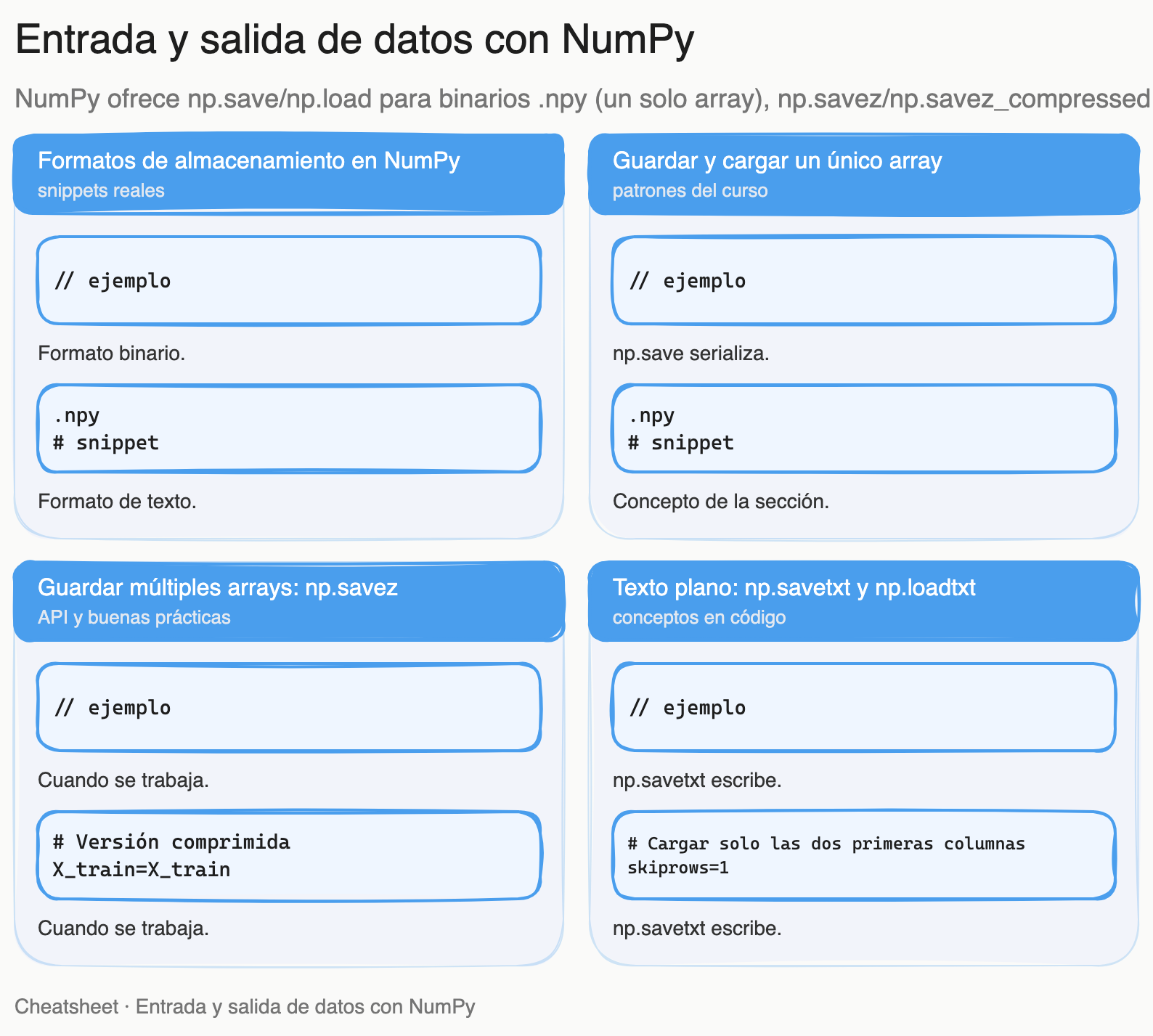 Entrada y salida de archivos con NumPy: save, load, savetxt y genfromtxt